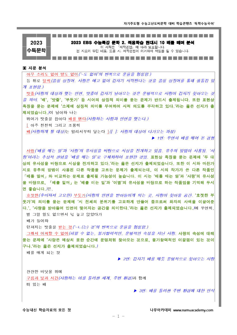 2023 Ebs 수능특강 문학 2 적용학습 현대시 10 배를 매며 장석남 분석 해설 정리 기출문제 변형문제 2022 네이버 블로그